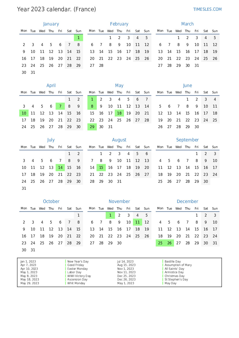 Calendar for 2023 with holidays in France | Print and download calendar