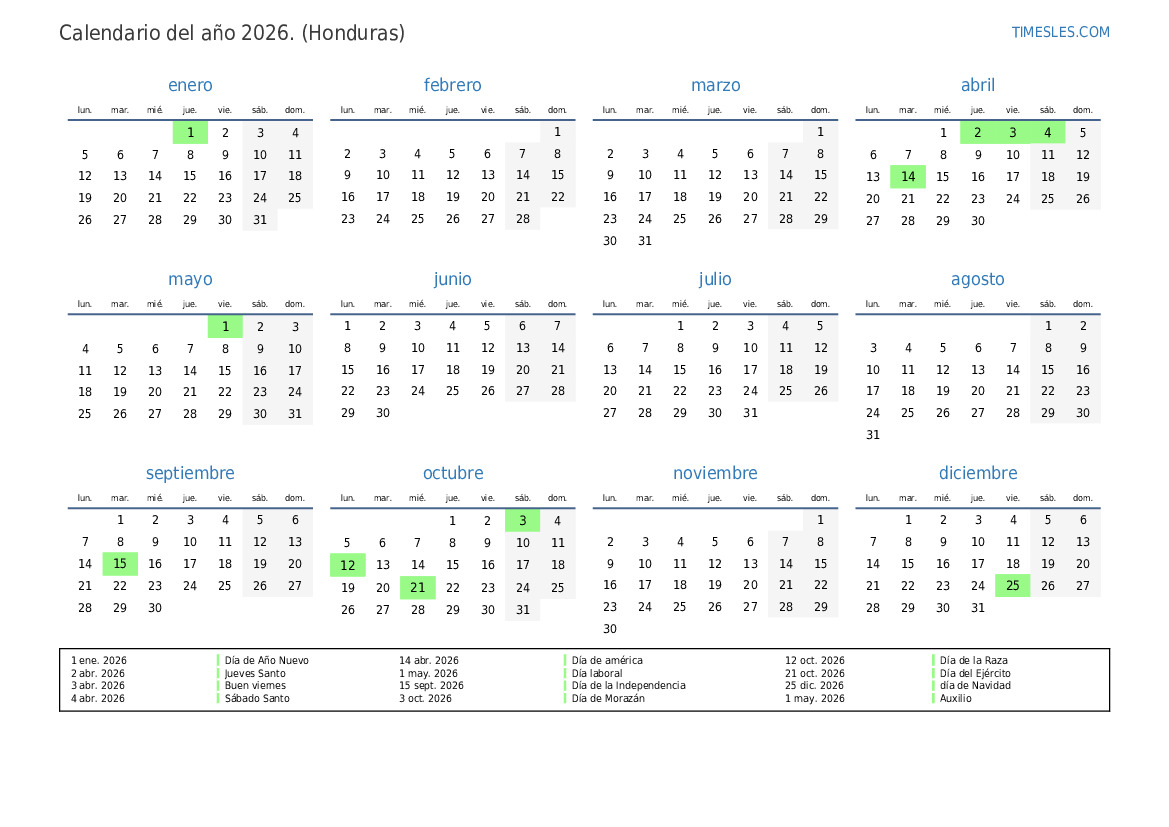 Calendario 2026 con días festivos en honduras | Imprimir y descargar calendario