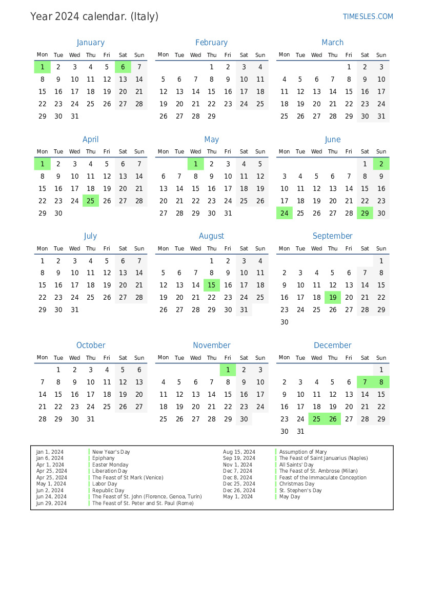 Calendar for 2024 with holidays in Italy | Print and download calendar