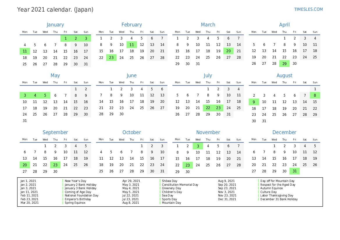 Calendar for 2021 with holidays in Japan | Print and download calendar