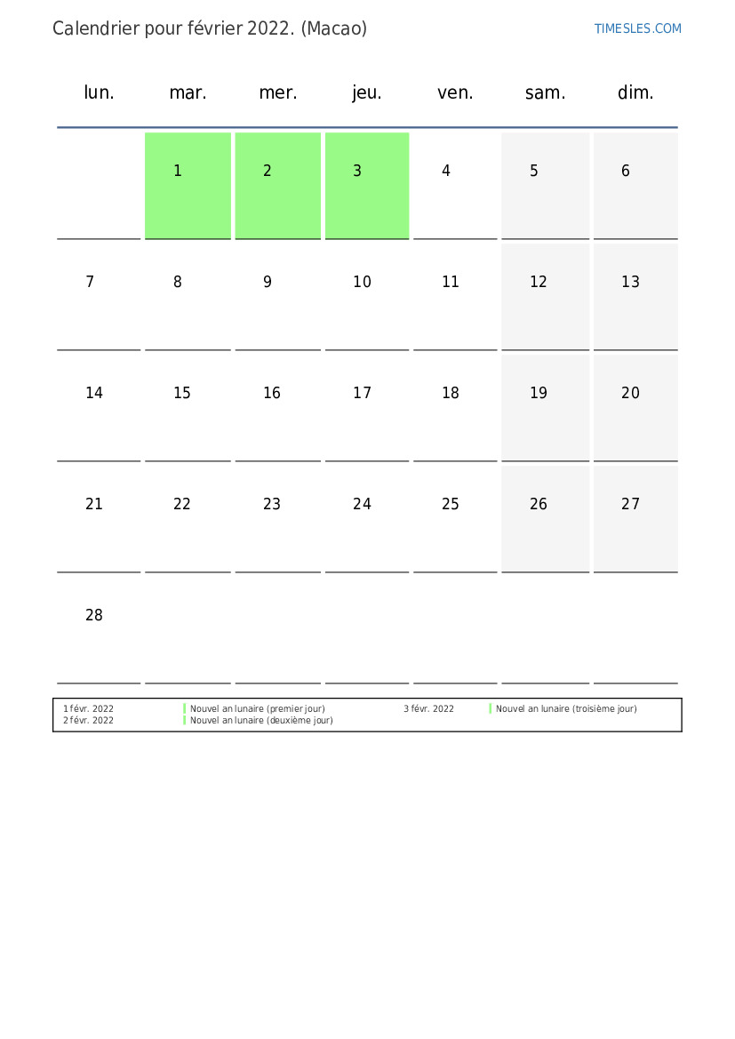 Calendrier février 2022 avec jours fériés à Macao | Imprimer et ...