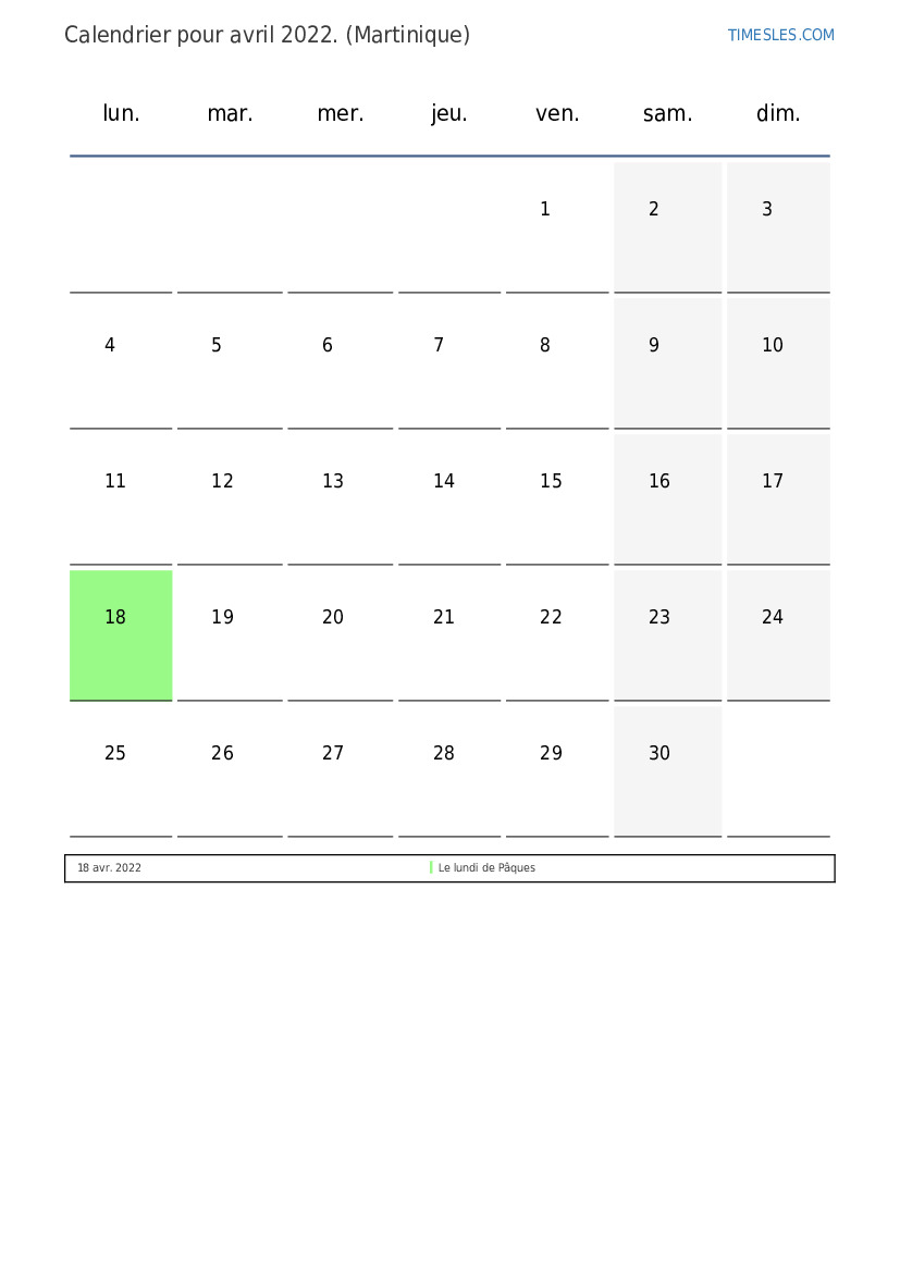 Calendrier avril 2022 avec jours fériés en Martinique | Imprimer et ...