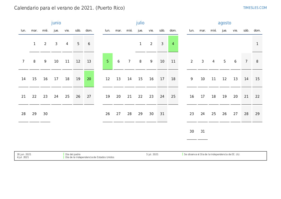 Calendario para el verano 2021 con días festivos para Puerto Rico ...