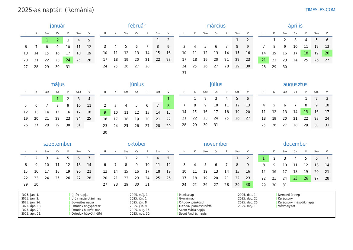 2025. évi naptár Romániában ünnepekkel | Naptár nyomtatása és letöltése