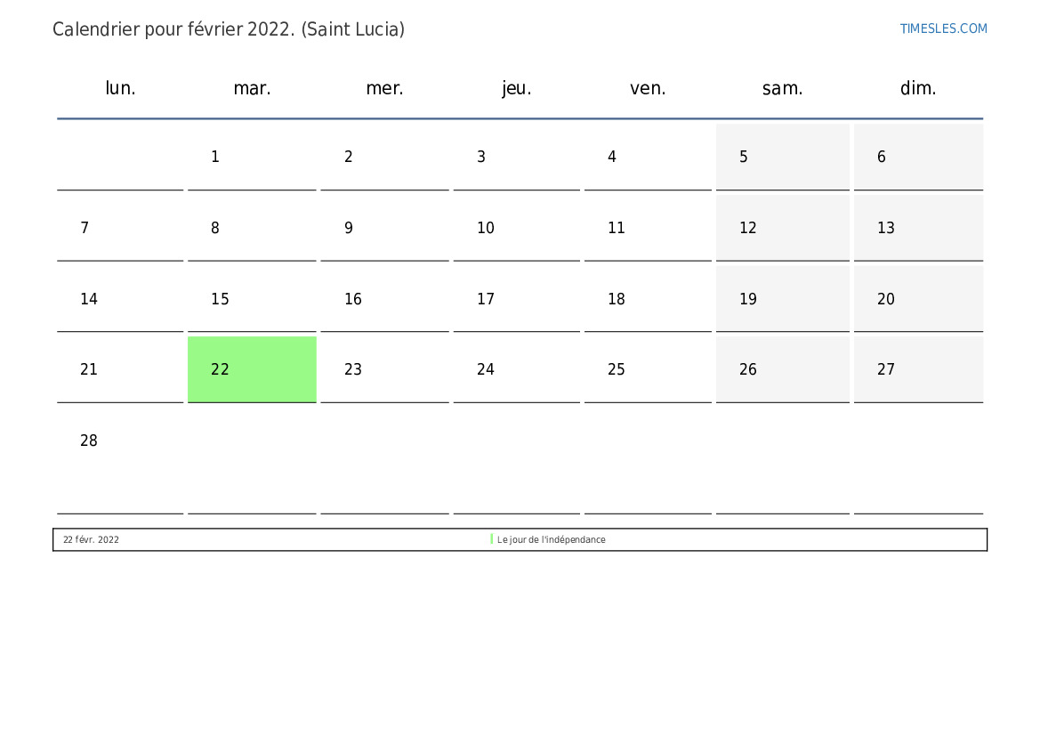 Calendrier février 2022 avec jours fériés à Sainte Lucie | Imprimer et ...