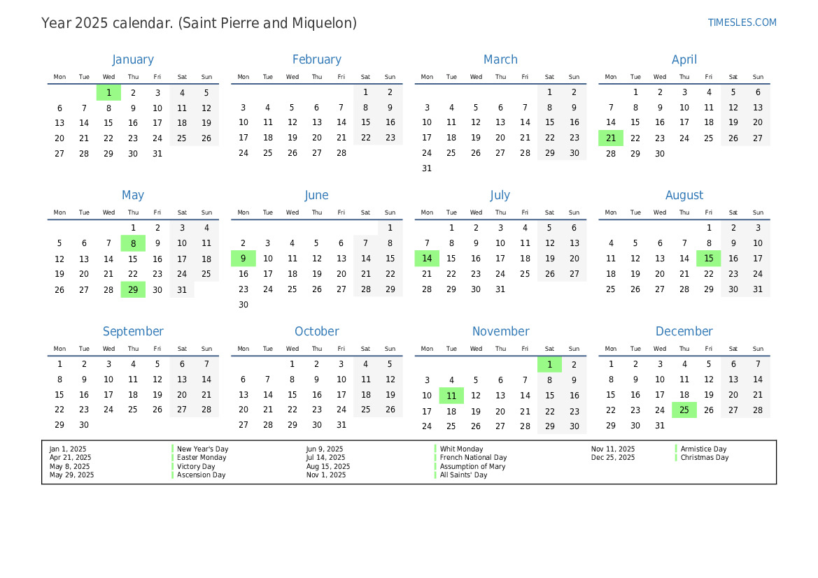 Calendar for 2025 with holidays in Saint Pierre and Miquelon | Print and download calendar