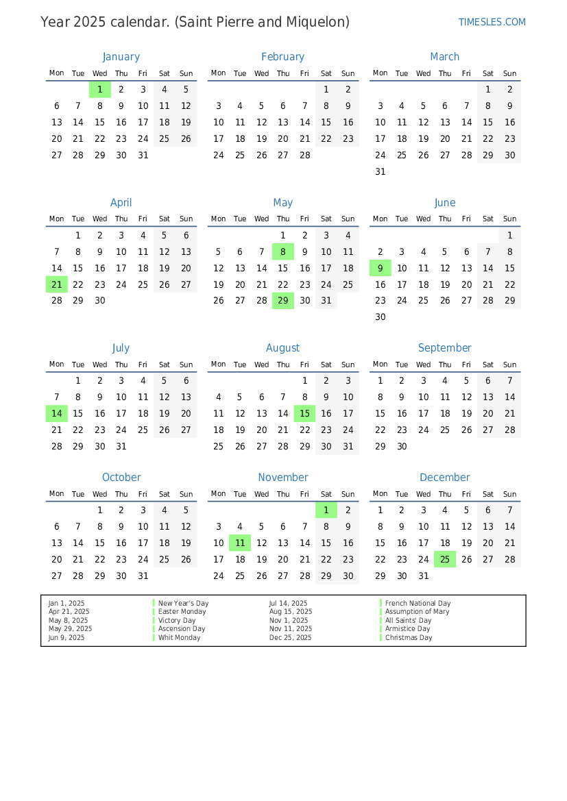 Calendar for 2025 with holidays in Saint Pierre and Miquelon | Print and download calendar