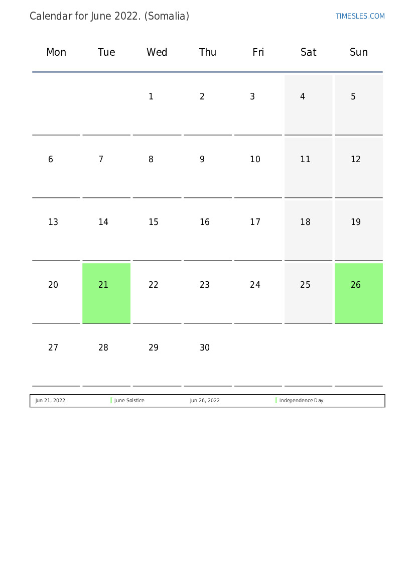 June 2022 calendar with holidays in Somalia | Print and download calendar