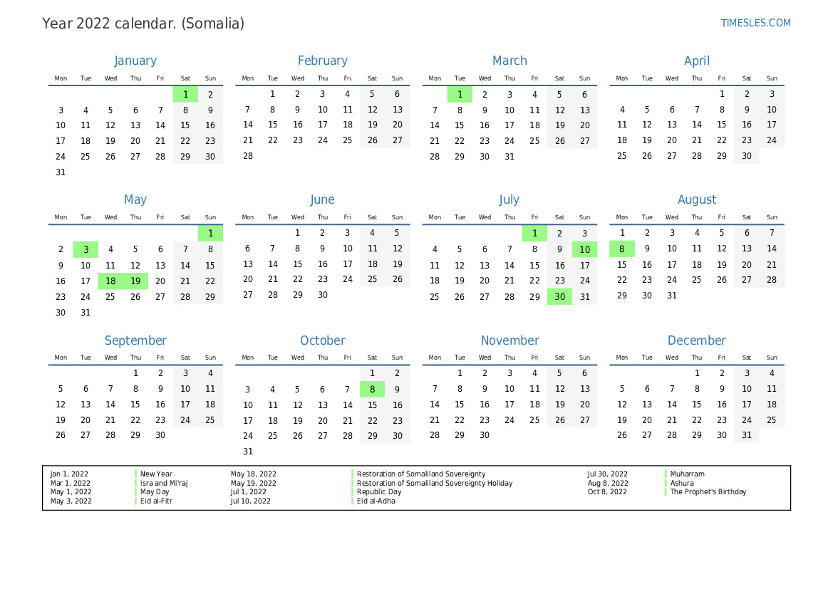 Calendar for 2022 with holidays in Somalia | Print and download calendar