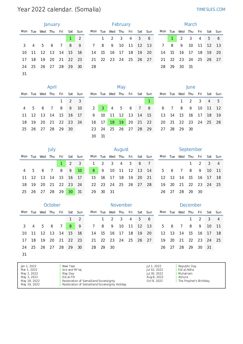 Calendar for 2022 with holidays in Somalia | Print and download calendar