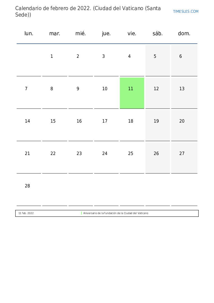 Calendario febrero 2022 con feriados en Ciudad del Vaticano (Santa Sede ...